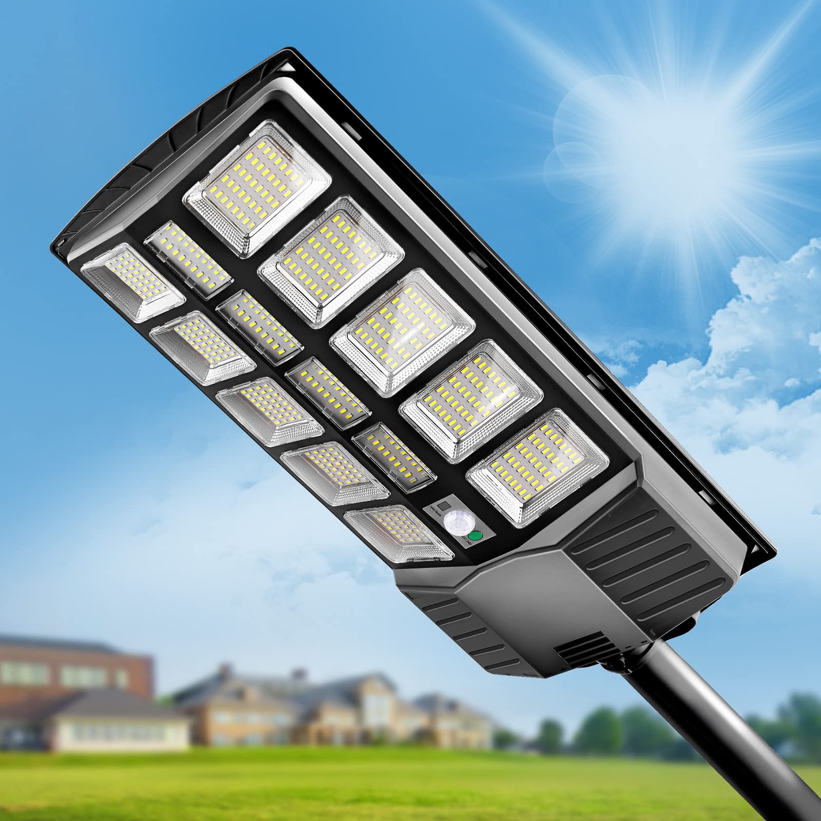Baiston Solar Street Lights Outdoor: Dusk to Dawn Solar Parking Lot Lights with 3 Modes Motion Sensor Remote Control, 6000K 472 Leds Commercial Solar Lights for Outside, Backyard, Garage, Barn, Garden