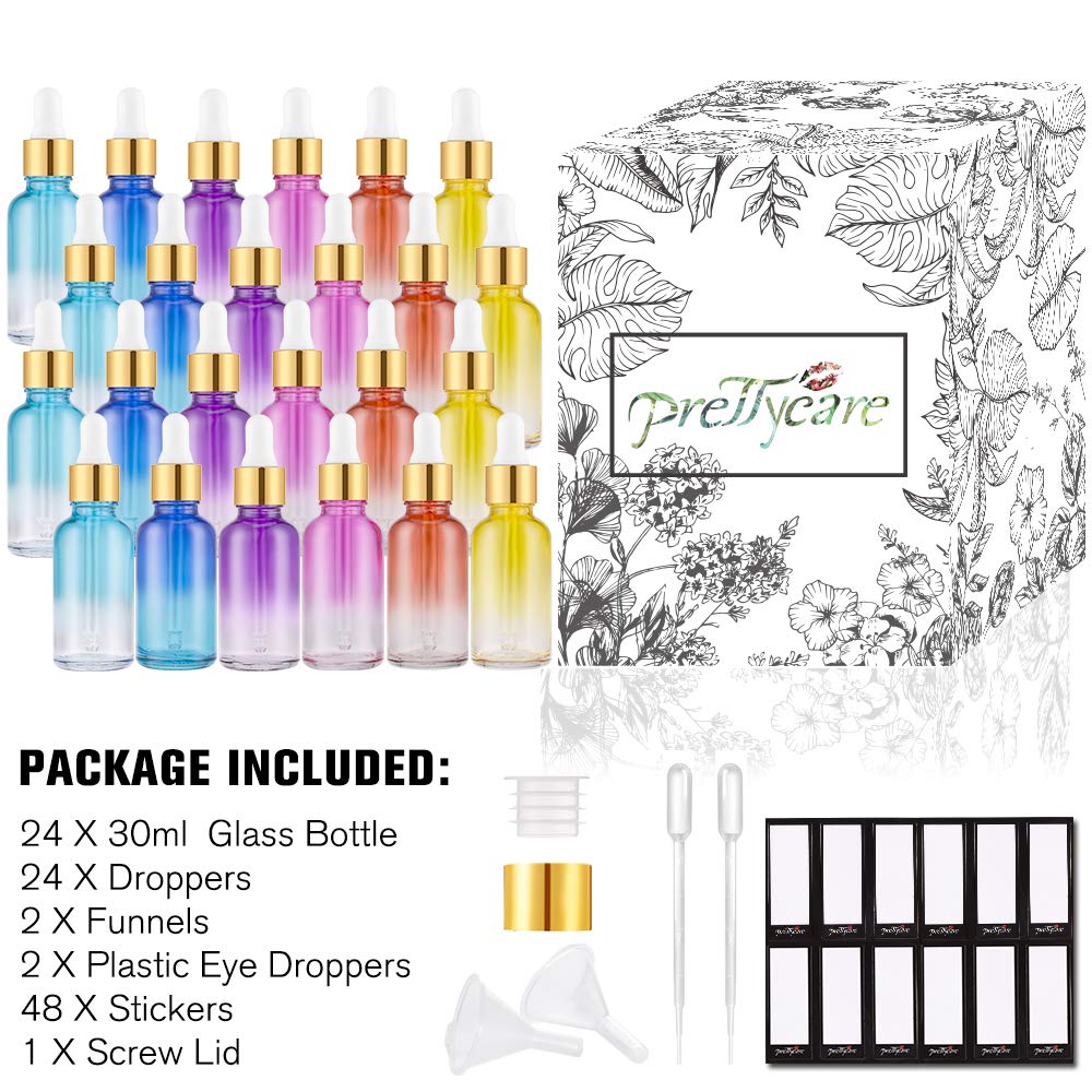 PrettyCare Eye Dropper Bottles 1oz (Rainbow Colored Glass Bottle 24 Pack 30ml with Golden Caps, 48 Labels, Funnel & Measured Pipettes) Empty Tincture Bottles for Essential Oils, Perfume