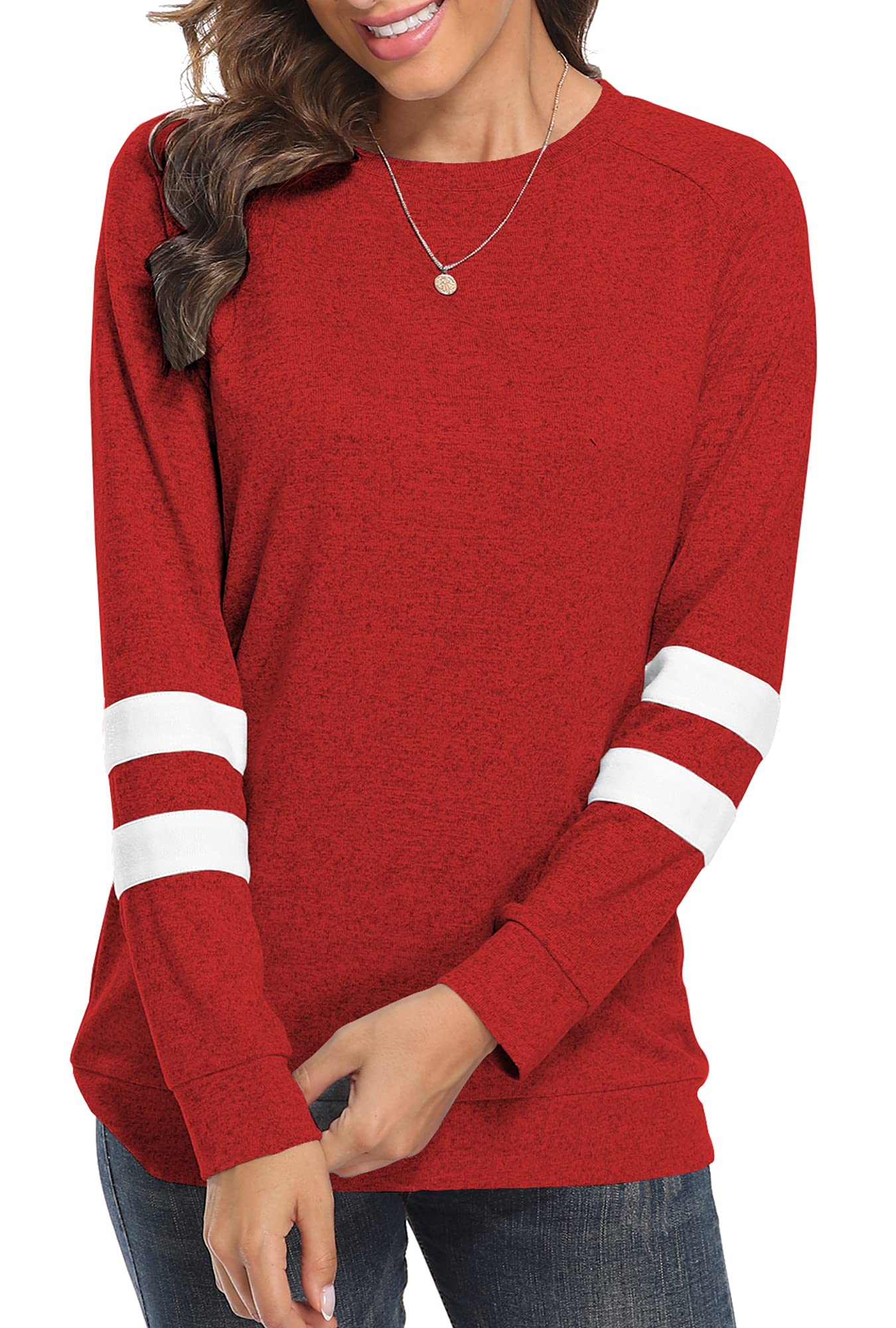 Ahacool Womens Sweatshirt Striped Long Sleeve Shirts for Women Ladies Sweater(Red S)