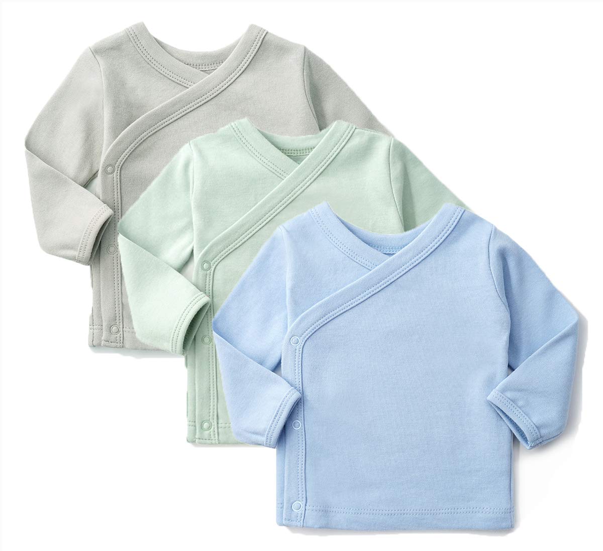 SYCLZ Unisex-Baby 100% Cotton Long Sleeve Side-Snap Shirts Soild Color Kimono Tees 0-12M (3-6M, Blue/Green/Gray)