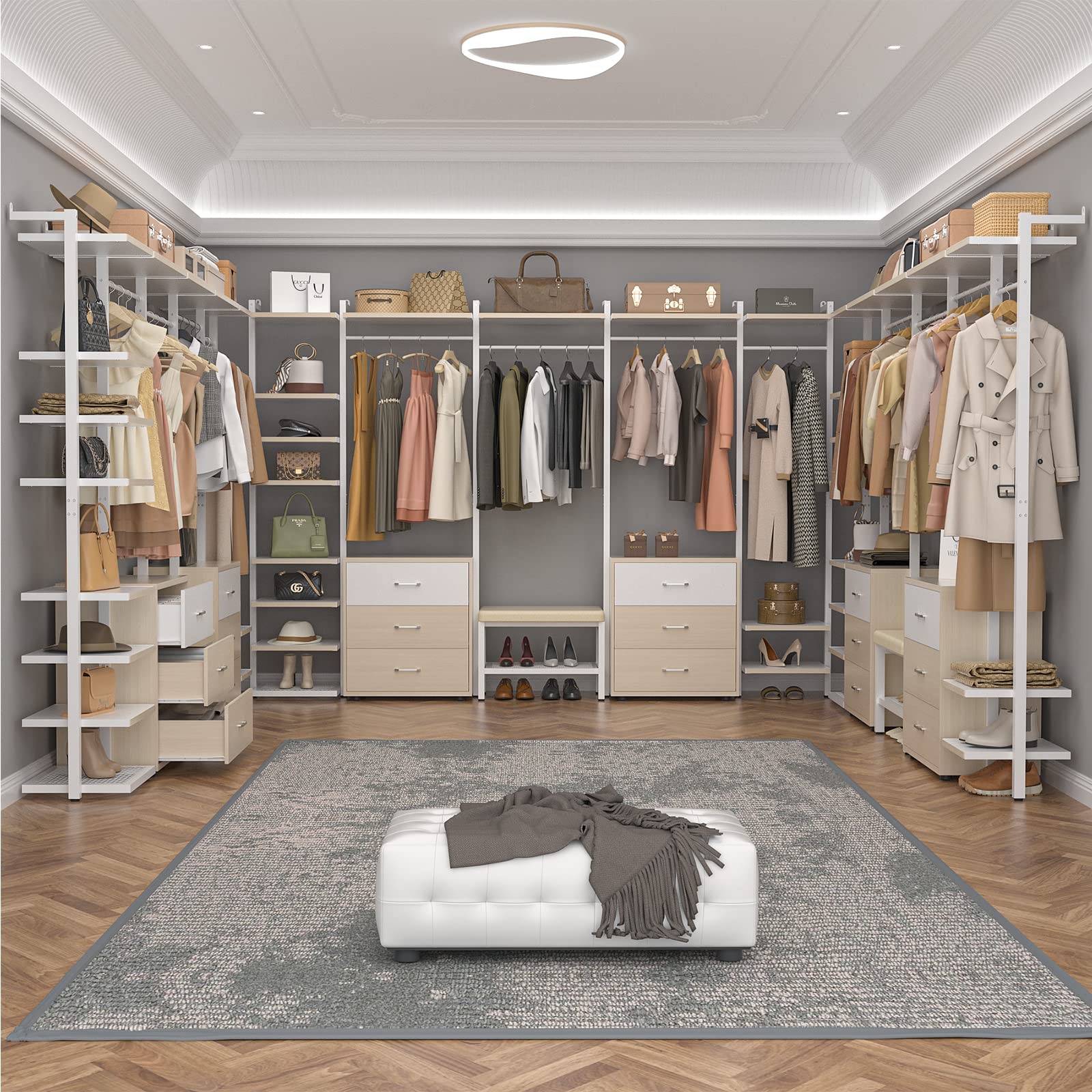 Aheaplus Clothing Rack Heavy Duty Closet Organizer for Hanging Clothes, Large Wall Mounted Garment Rack Clothes Rack with 6-Drawers for Wardrobe, Bedroom and as Walk-in Closet System, Natural+White
