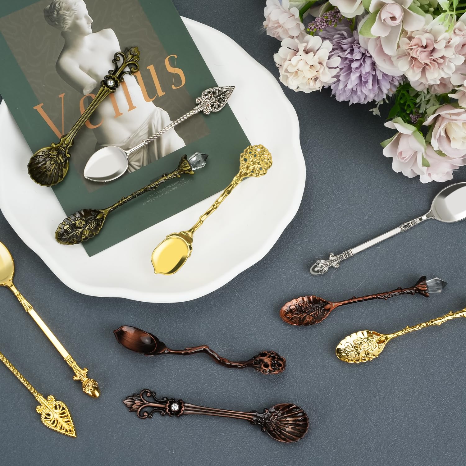 HOSTK Retro Coffee Spoons, Creative Tableware Dessert Spoons, Crystal Alloy Spoons, Vintage Carved Tea Spoons for Coffee Sugar Ice Cream Dessert Cake Soup Party Supplies Home Office(18 Pieces)