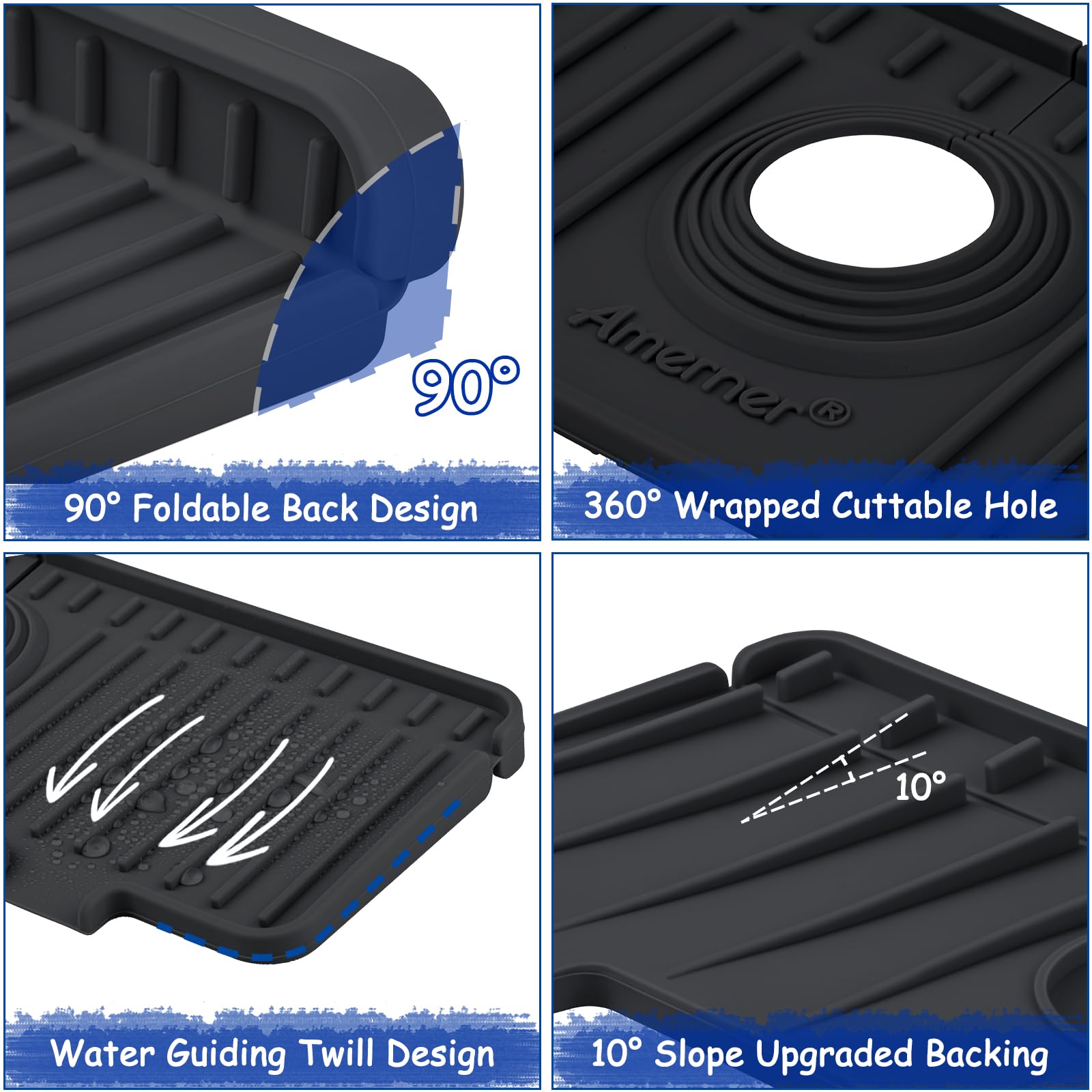 Amerner Kitchen Sink Splash Guard, 10° Large Slope & Adaptable Hole Faucet Mat for Kitchen Sink, Silicone Sink Organizer Sponge Holder for Kitchen, Bathroom, RV, Bar, 14.2” x 5.1”, Black