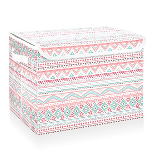 CaTaKu Ethnic Pink Blue Storage Bins with Lids and Handles, Fabric Large Storage Container Cube Basket with Lid Decorative Storage Boxes for Organizing Clothes