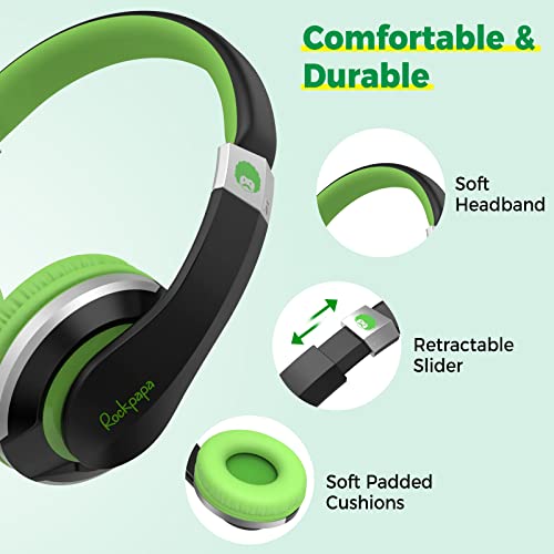 rockpapa I20 Foldable Kids Headphones with Microphone for School, Wired On-Ear Boys Girls Childrens Students Headphones Plug in for Tavel Laptop Computer PC Tablet CD DVD TV Black Green