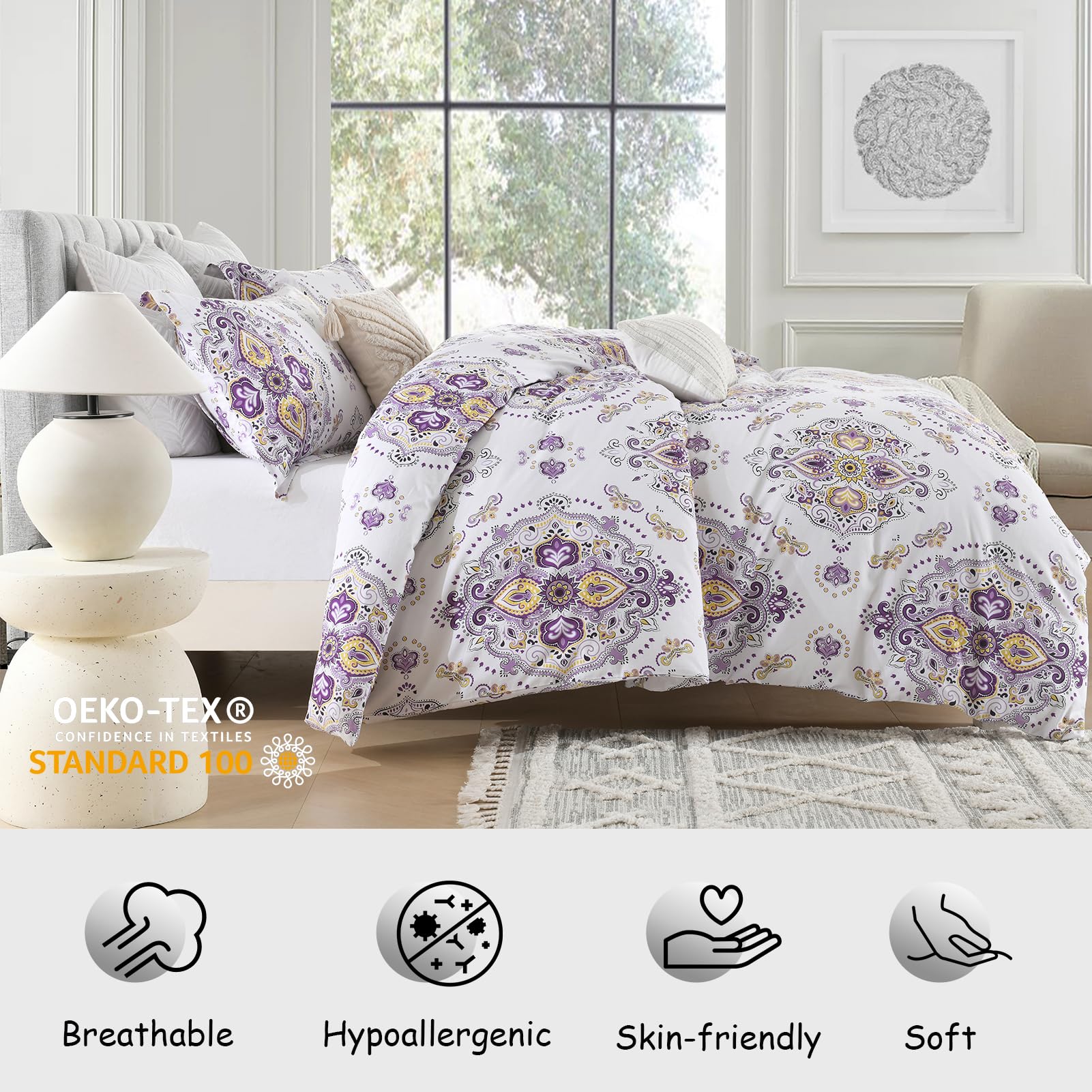 Bedduvit 100% Cotton Duvet Cover Queen Size - Purple Damask Queen Duvet Cover Set, Soft Cozy Paisley Pattern All Season Bedding Comforter Sets with Zipper Closure & 8 Ties (90"x90")