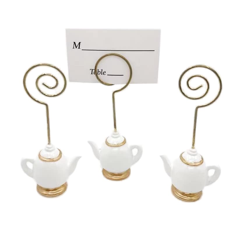 AMERRY 10Pcs Teapot Table Card Holder,Place Card Holders, Table Number Holder,Photo Holders, Party Favors, Wedding Decorations ,Delicious Afternoon Tea, Delicious Breakfast teapot(Golden and White)