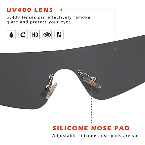 COASION Y2K Silver Futuristic Metallic Sunglasses Cyberpunk Concert Glasses for Women Men, Game 2077 Costume Eyewear (Silver/Silver Mirror + Black/Blue Mirror)