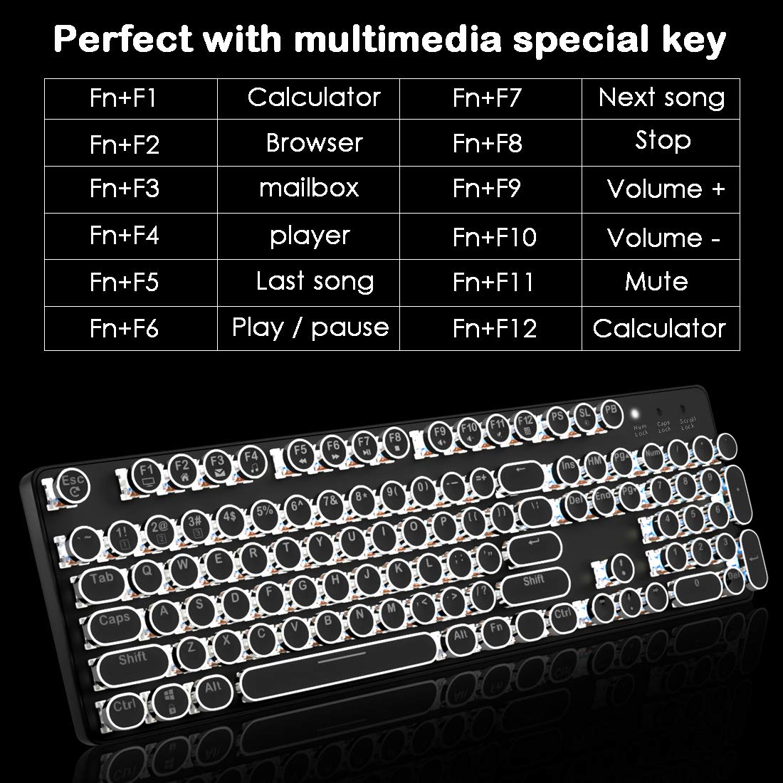 PC Gaming Mechanical Keyboard with LED White Backlit Light, 104 Keys Anti-Ghosting, Blue Switch Typing Key Caps and USB Connection for Computer