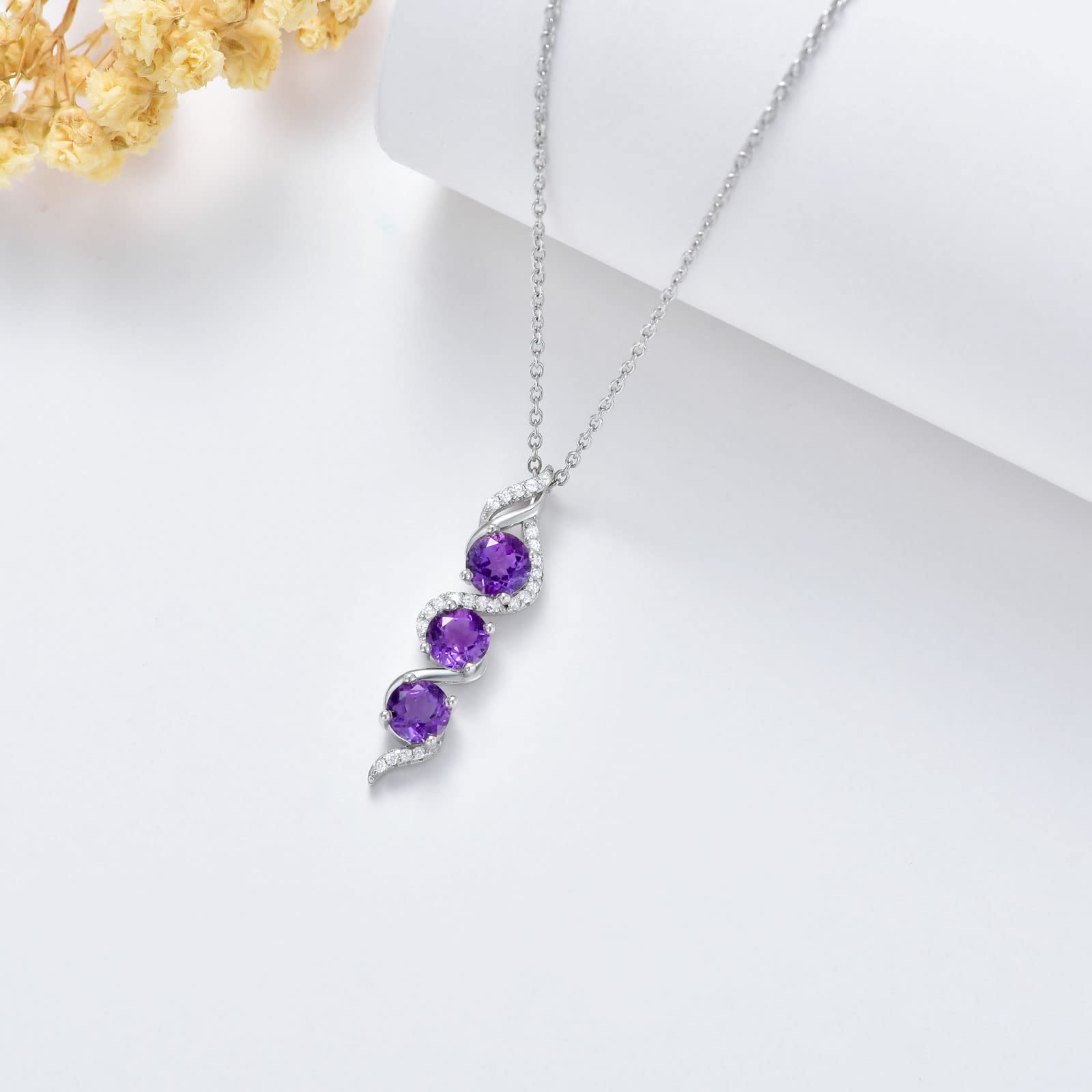 Amethyst Necklace 925 Sterling Silver 5mm Round Natural Crystal Pendant Necklace for Women with 18 inch Chain