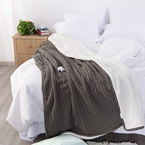 NTBAY Cotton Oversize Cable Knit Sherpa Twin Blanket for Couch (60"x80"), Soft Warm Fleece Knitted Throw for Bed, Sofa, Chair - Extra Cozy, Machine Washable, Comfortable Home Decor, Grey