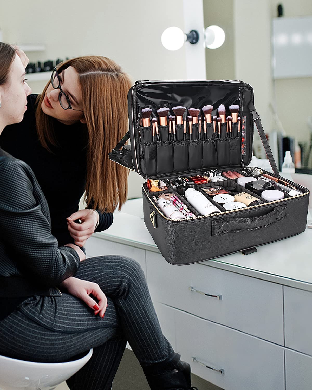 Relavel Extra Large Makeup Bag, Makeup Case Professional Makeup Artist Kit Train Case Travel Cosmetic Bag Brush Organizer, Waterproof Leather Material, with Adjustable Shoulder Straps and Dividers