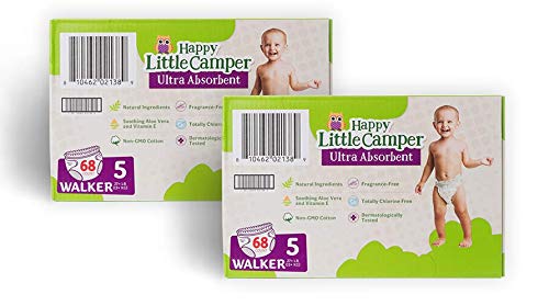 Happy Little Camper Ultra-Absorbent Natural Baby Diapers Size 5 - Hypoallergenic & Chlorine-Free Disposable Diapers Safe for Sensitive Skin - Unscented Walker Diapers - 136 Count