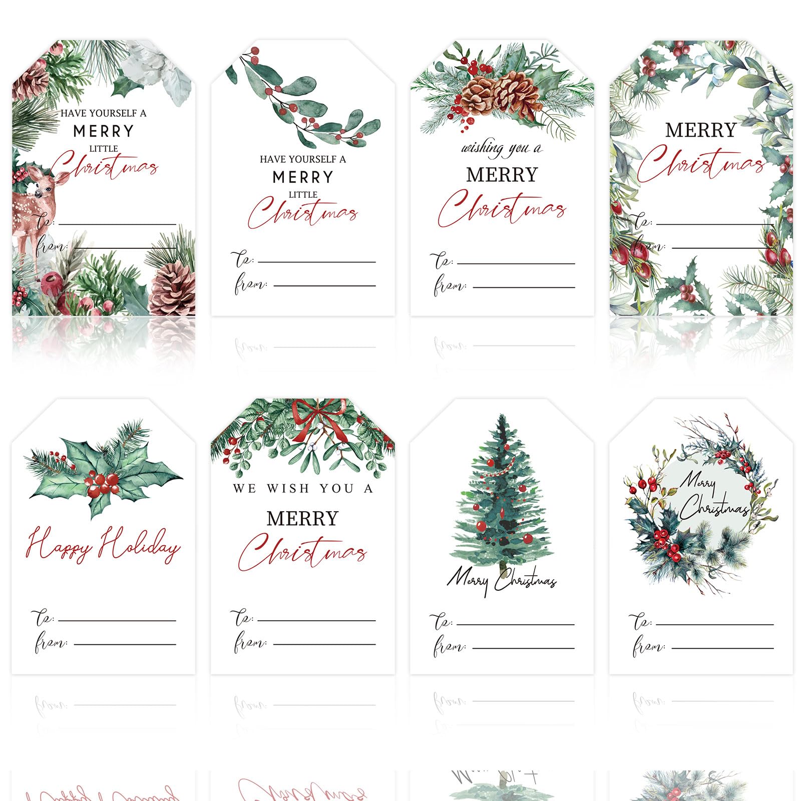 AnyDesign 500 Pcs Christmas Paper Gift Tag Stickers 8 Styles Watercolor Plants Labels Decals Self Adhesive Xmas Winter Name Tags for Gift Box Bag Package Party Decor, 2 x 3 Inch