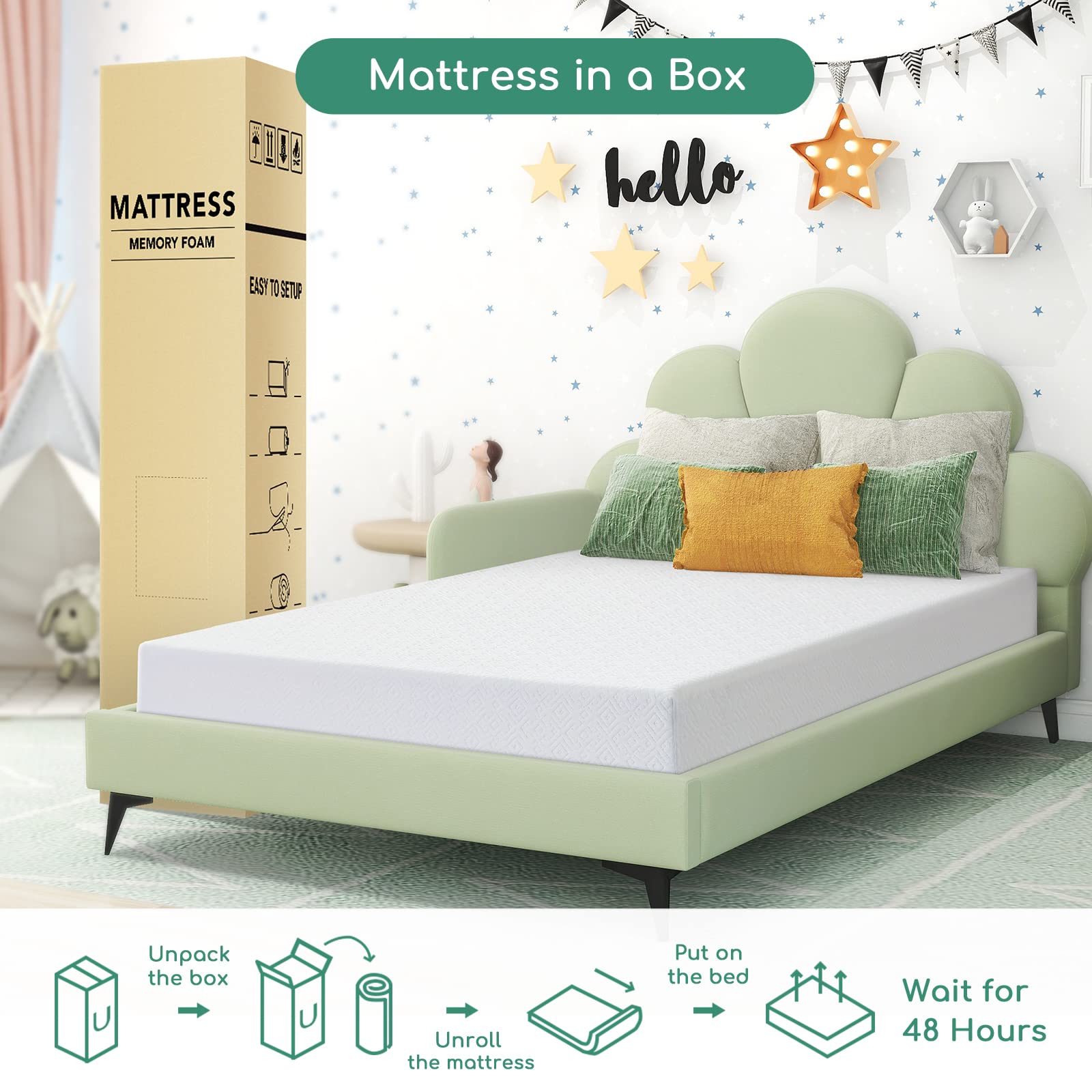 Airdown Twin Mattress, 6 Inch Memory Foam Mattress in a Box for Kids, Medium Firm Green Tea Gel Mattress Twin Size for Bunk Bed, Trundle Bed, Guest Room White