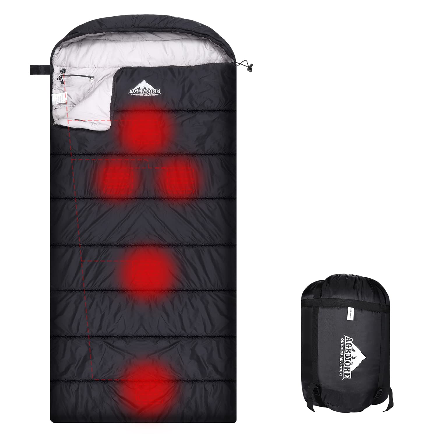 AGEMORE Heated Sleeping Bag for Adults, 5V USB Power Support Waterproof Sleeping Bag with 5pcs Heating Plate, Heating Sleeping Bag for Camping, Backpacking or Hiking (Power Bank not Included)