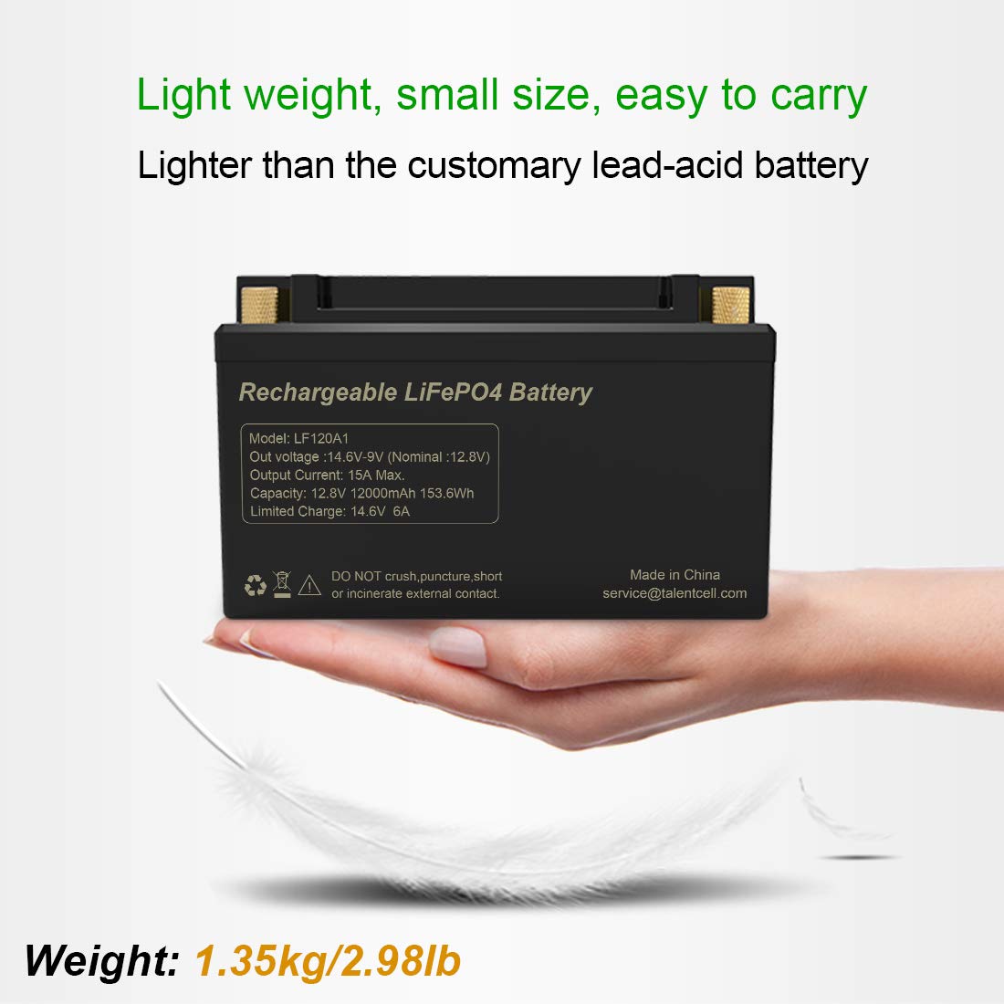 Talentcell 12V LiFePO4 Battery Pack LF120A1, Deep Cycle Rechargeable 153.6Wh 12.8V 12Ah Lithium Iron Phosphate Batteries