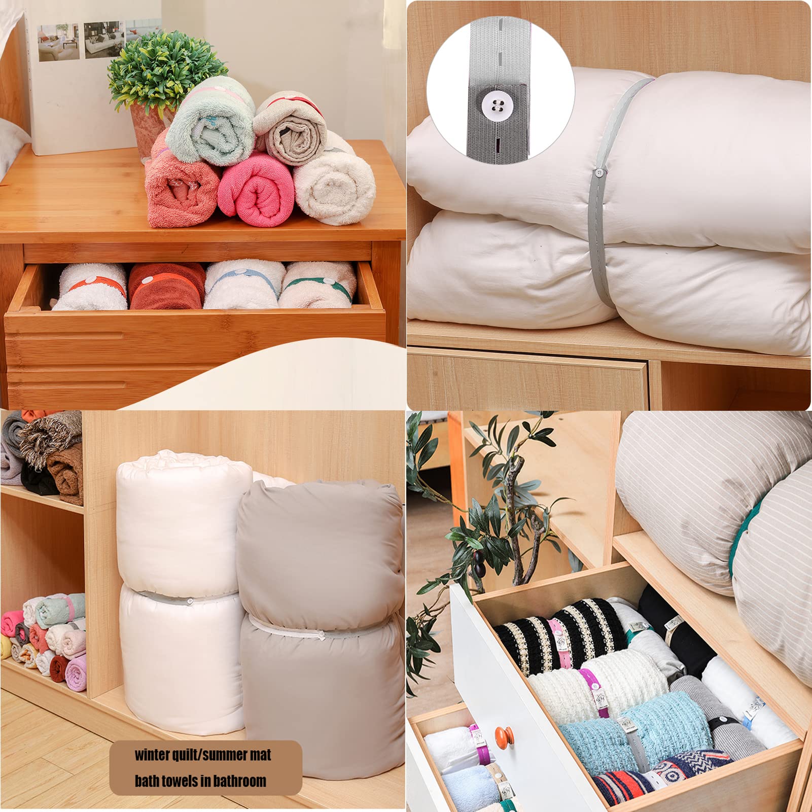 VSV stoage Adjustable Clothes Storage Elastic Band, Roll-up Clothing Storage Strap with Button and Buttonholes, Space Saver, Connatable Strap for Drawer, Closet and Travel Luggage, Grey