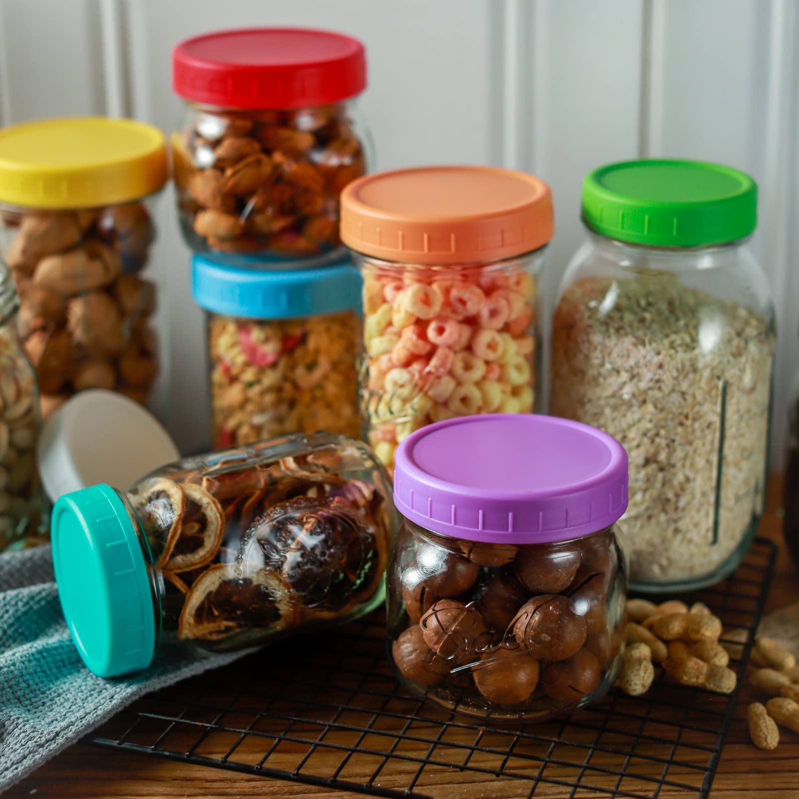 Bedgeta 9 Regular Mouth Mason Jar Lids with Silicone Ring,Thickened Leak-proof Lids Fit Ball,Kerr and More, 9 Color Plastic Lids, 70mm Plastic Mason Jar Lids