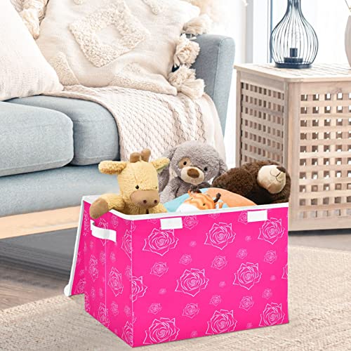 CaTaKu Roses Hot Pink Storage Bins with Lids Fabric Large Storage Container Cube Basket with Handle Decorative Storage Boxes for Organizing Clothes Shelves