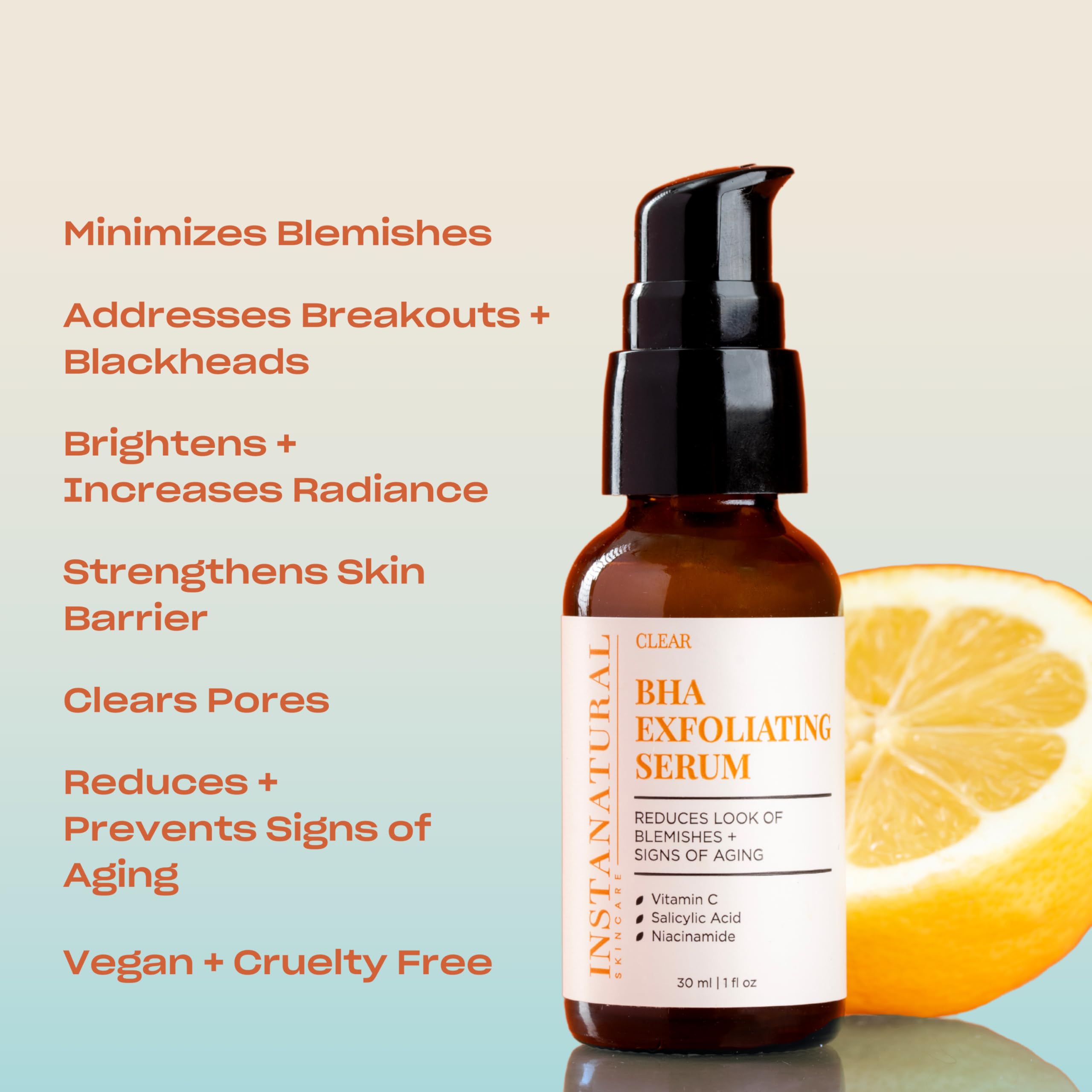 InstaNatural BHA Exfoliating Face Serum, Minimizes Lines, Wrinkles, and Blemishes, with Vitamin C and Salicylic Acid, 1 Fl Oz