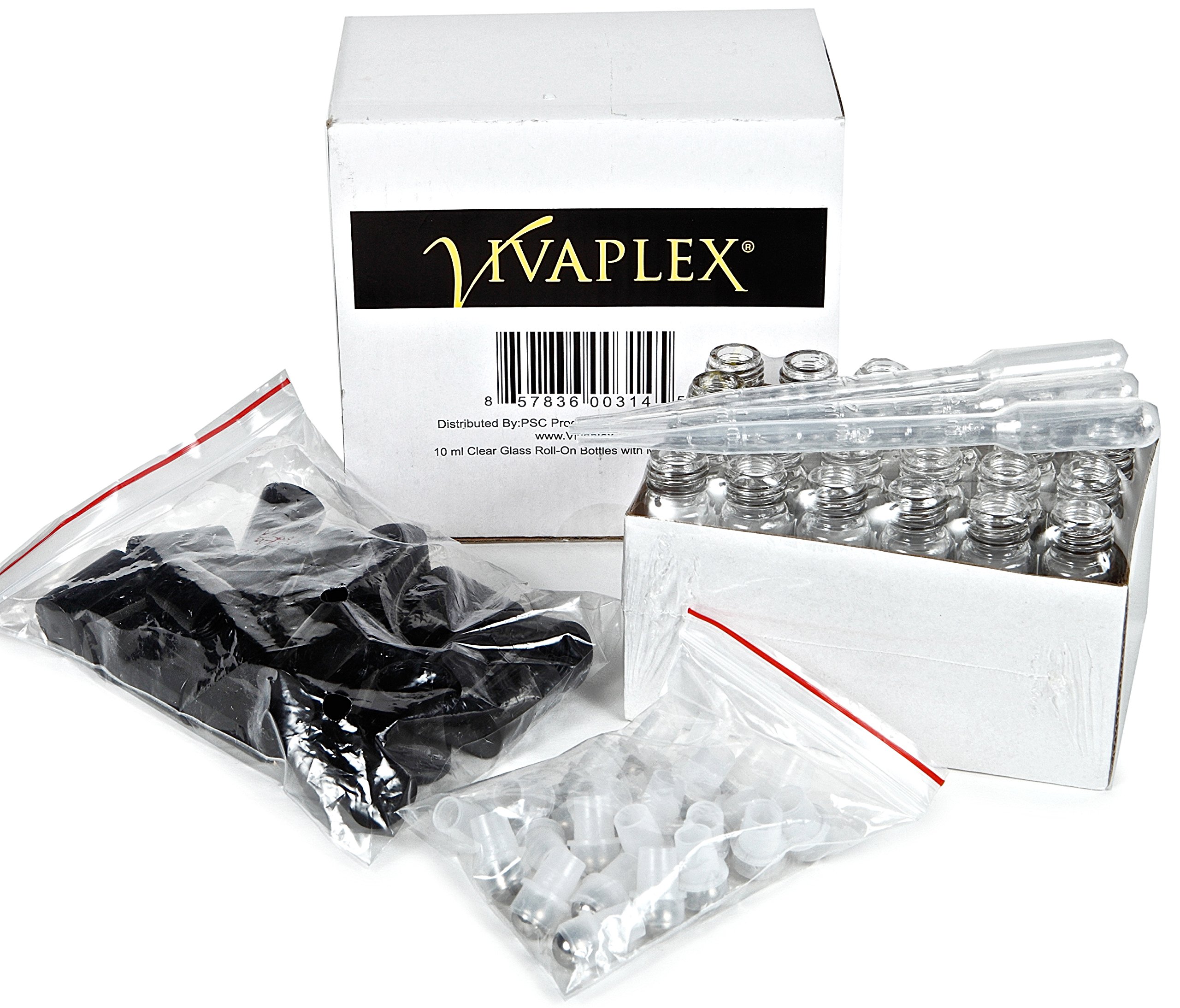 Vivaplex, 24, Clear, 10 ml Glass Roll-on Bottles with Stainless Steel Roller Balls. 3-3 ml Droppers included