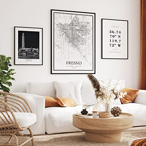 Dear Mapper Fresno United States View Abstract Road Modern Map Art Minimalist Painting Black and White Canvas Line Art Print Poster Art Line Paintings Home Decor (Set of 3 Unframed) (16x24inch)
