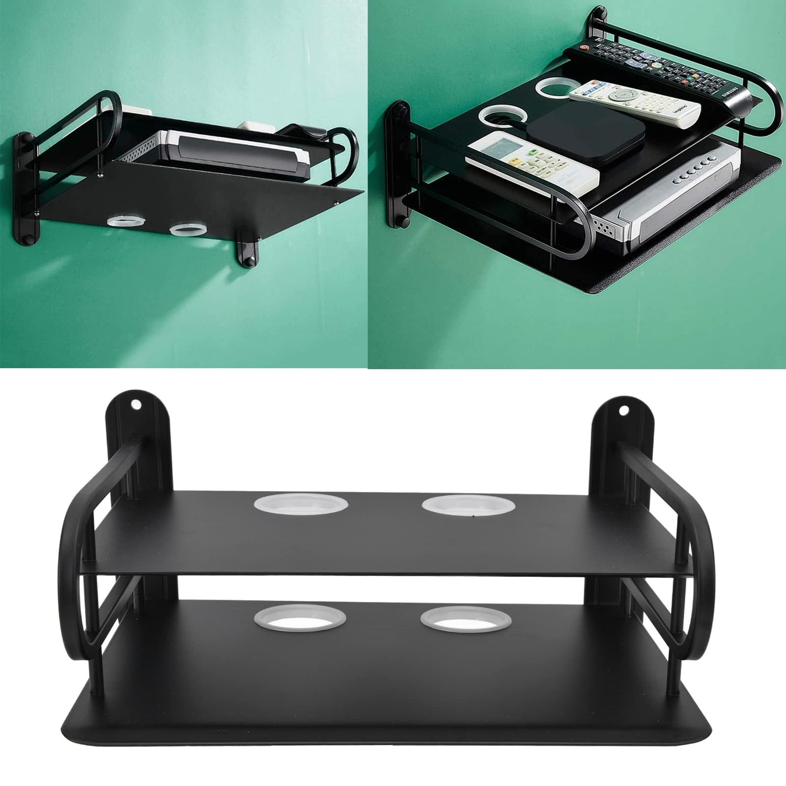 Floating Shelf for TV Set Top Box Router Game Consoles, Double Layer TV Box Shelves Wall Mounted Router DVD Cable Box Shelf Punching Storage Rack, Floating Wall Shelf with Cable Holes
