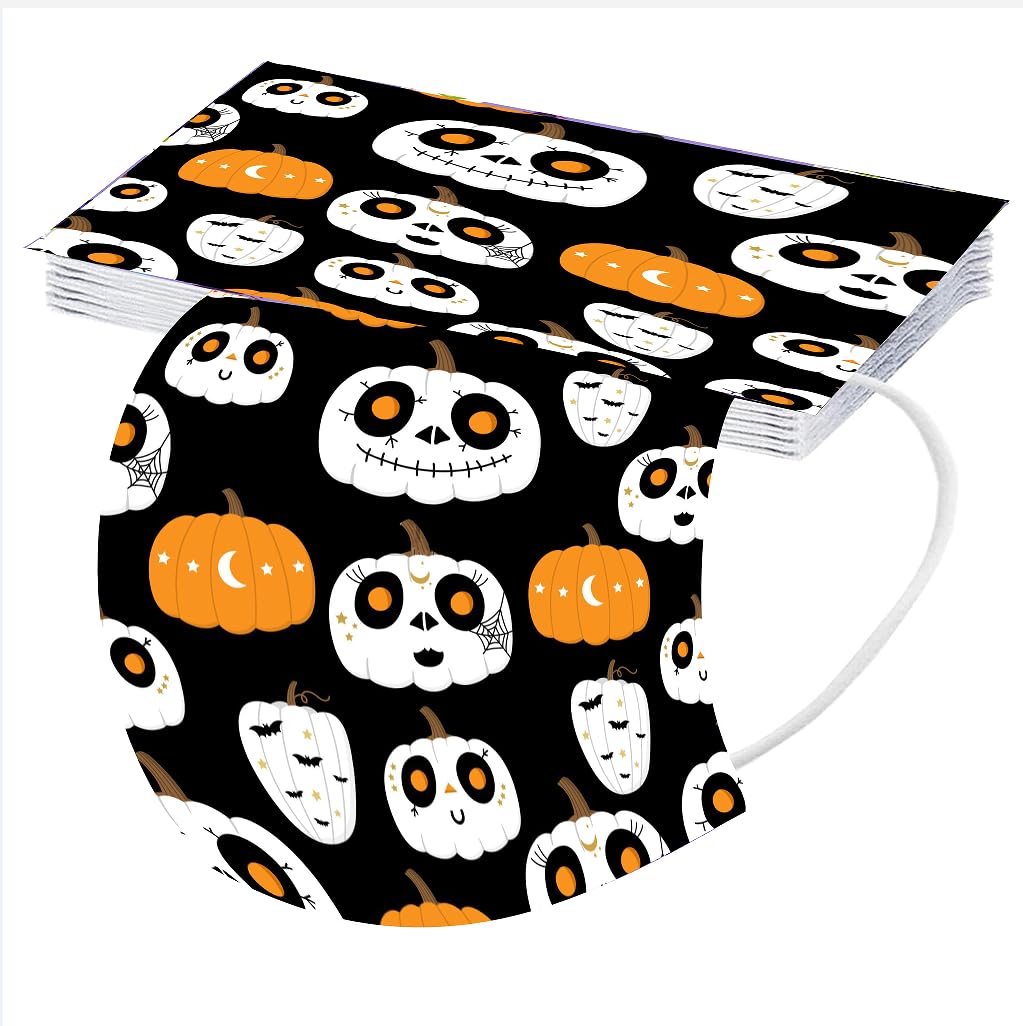 GOGCIAO Halloween Disposable Face Cover with Designs for Adults Women,3-Ply Pumkin Printed Pattern with Nose Wire,50Pcs (Halloweenn B)