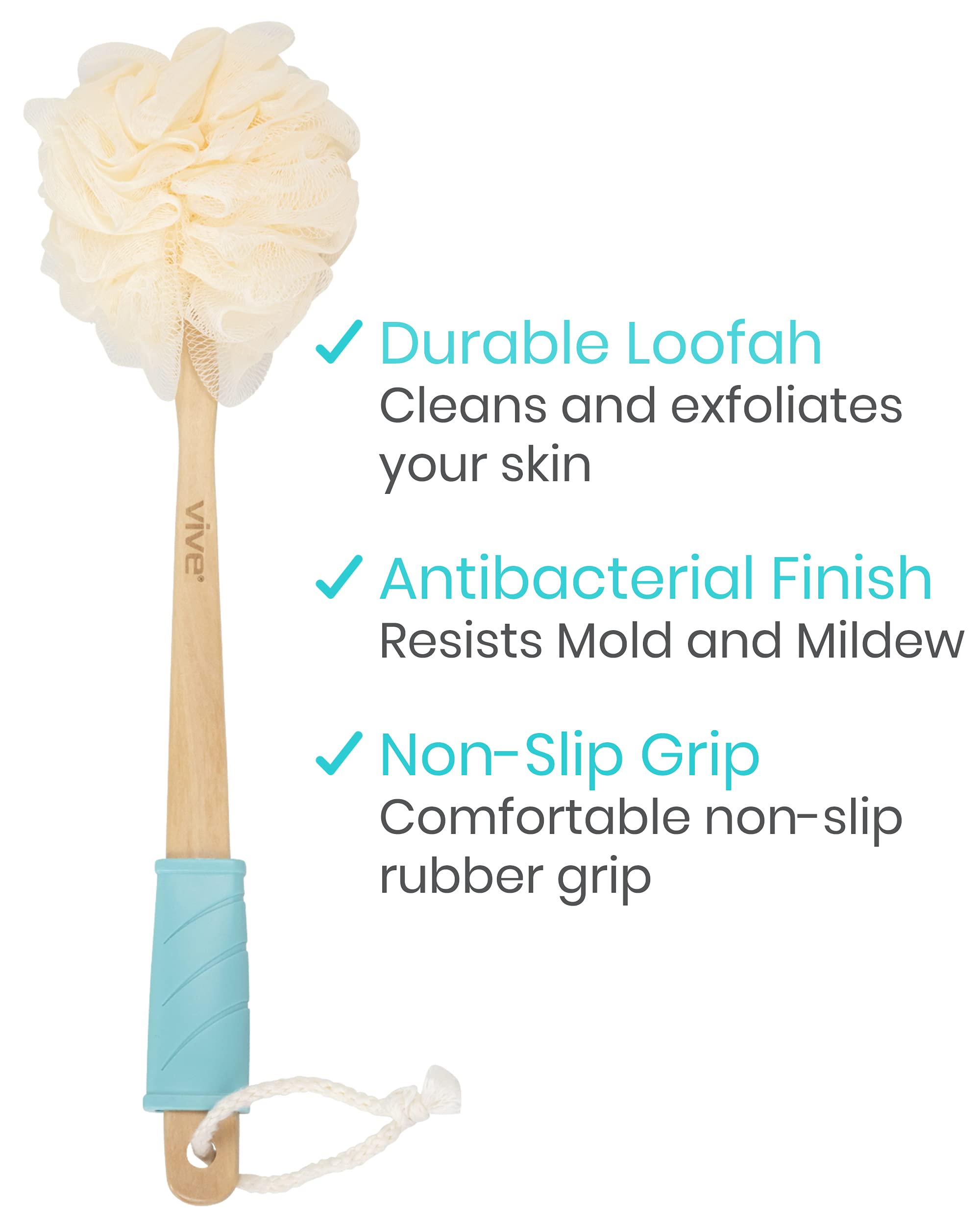 Vive 17” Shower Loofah with Long Handle - Exfoliating Back & Body Scrubber for Men & Women - Luffa Sponge on a Stick for Bathing, Cleaning - Includes Extra Handheld Lufa, Hook & String to Hang on Wall
