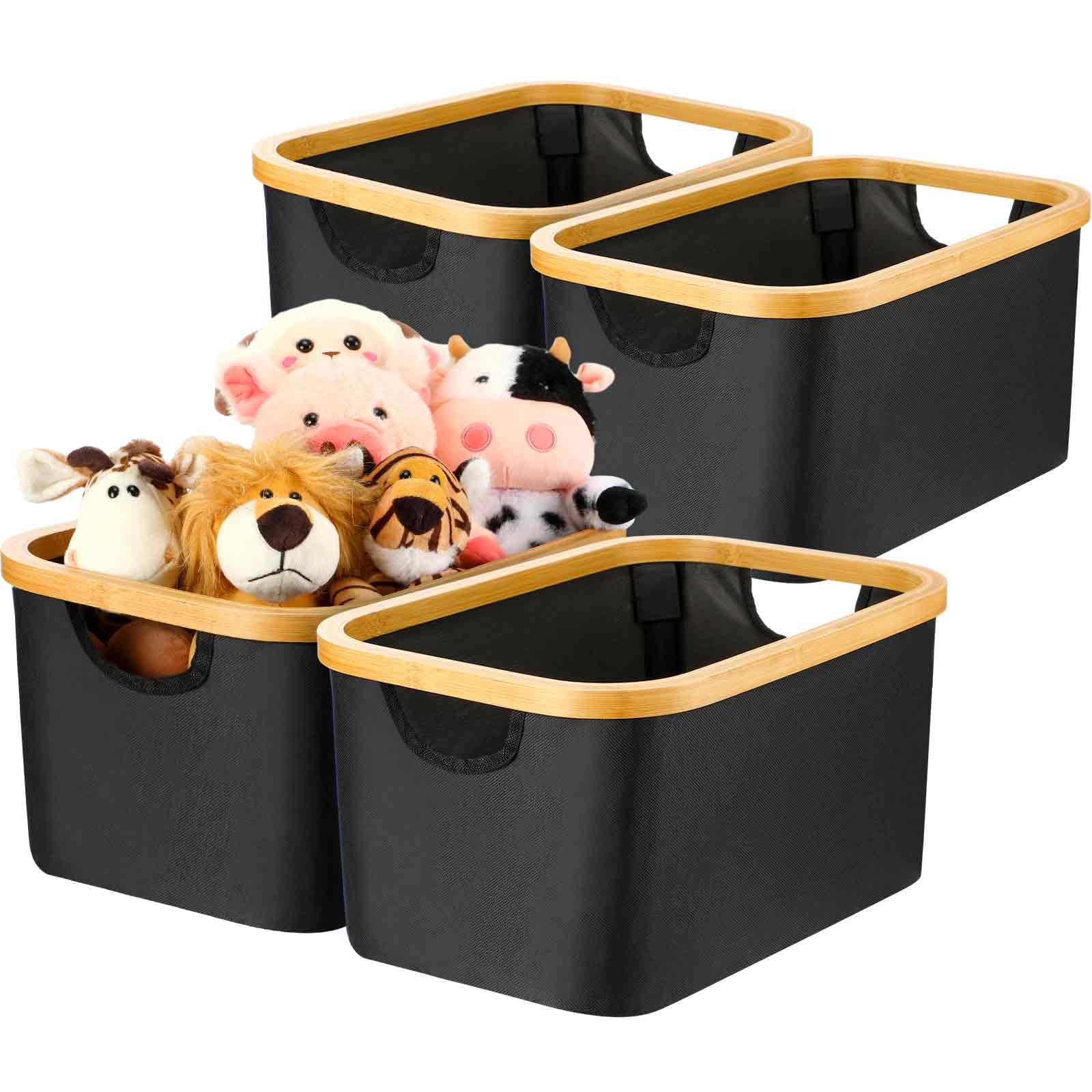 Hushee 4 Pack Black Collapsible Storage Baskets Bins Foldable Fabric Storage Bins with Bamboo Handle for Organizing Shelves Closet Bedroom Blankets Toys Storage Organizer Containers, 15"x10.3"x7.9"
