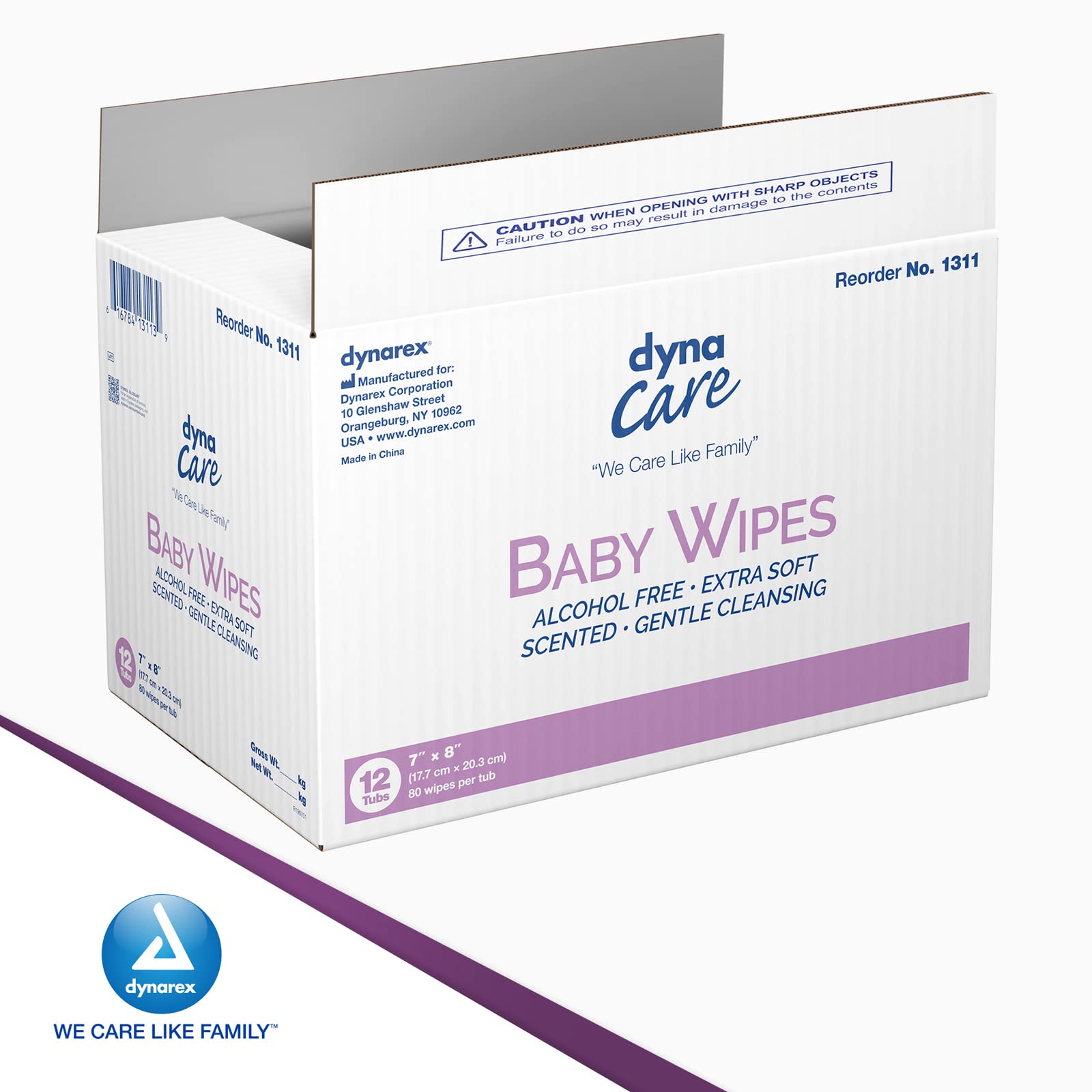 Dynarex 1311 Baby Non-Alcohol Wipe, Lanolin and Aloe to Moisturize Skin, Non-Woven and Unscented, 7 x 8", Pack of 960