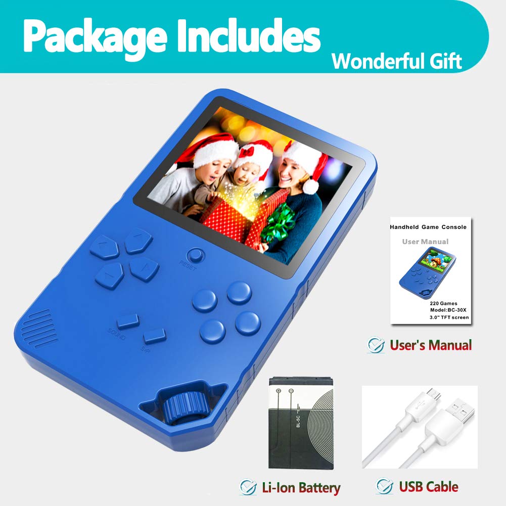 Douddy 16 Bit Handheld Game Console for Kids Adults Built in 220 HD Classic Electronic Games 3.0 Inches Screen USB Rechargeable Seniors Arcade Entertain Player (Blue)