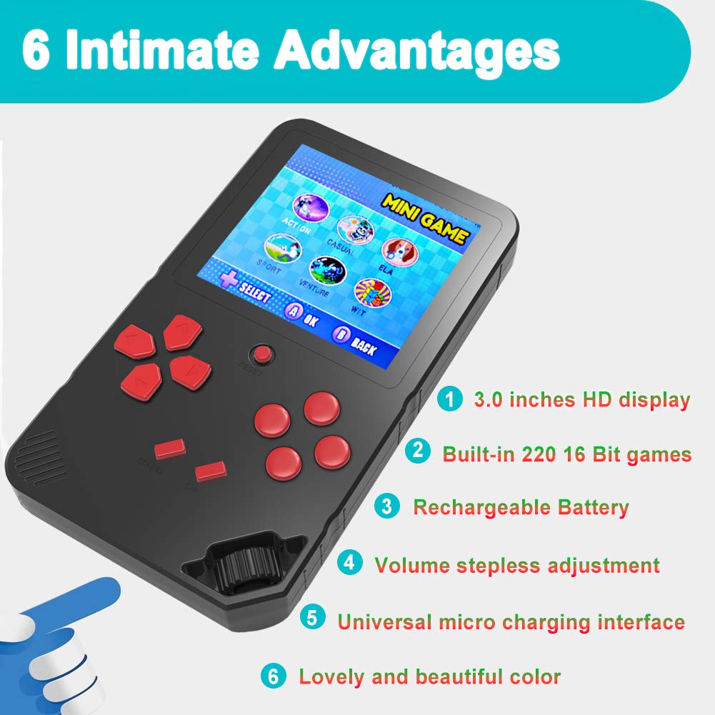 Douddy 16 Bit Handheld Game Console for Kids Adults Built in 220 HD Classic Electronic Games 3.0 Inches Screen USB Rechargeable Seniors Arcade Entertain Player (Black)