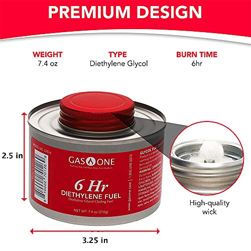 Gas One 6 pack 6 Hour Chafing Fuel - Food Warmer for Chafing Dish Buffet Set - Liquid Safe Fuel With Wick & Lid Opener for Chafing Dish