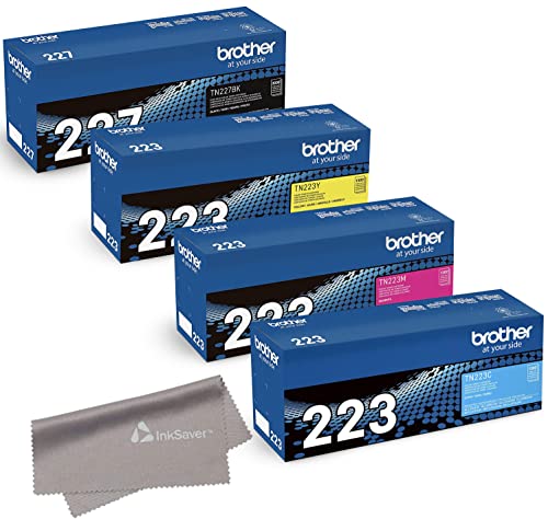 Brother TN227BK High Yield Black with Standard Yield Color TN223C, TN223M, TN223Y Cyan, Magenta and Yellow Toner Cartridge Set + InkSaver Microfiber LCD Screen Cleaning Cloth