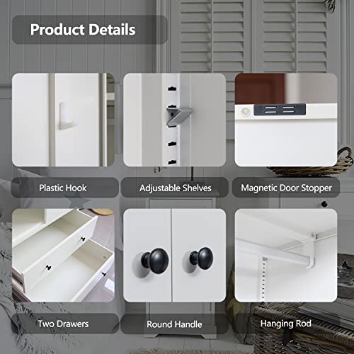 CJF Metal Storage Wardrobe with Hanging Rod, Armoire with 2 Doors and 2 Drawers,Steel Wardrobe Closet for Home, Office 74" H x 31.5" W x 20" D (White)