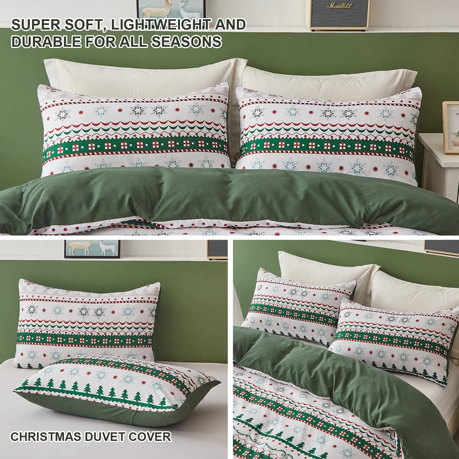 Cottolester Christmas Duvet Cover Queen Size Christmas Tree Snowflake Bedding Set Striped Duvet Cover Lightweight Soft Microfiber Bedding Set(Green,3PC)