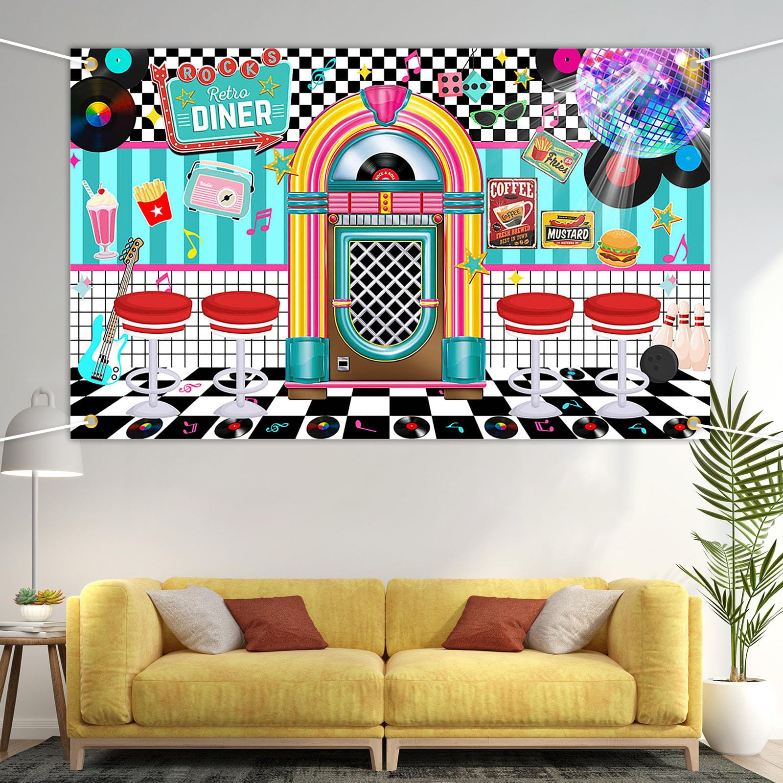 Avezano 50s Retro Diner Party Backdrop 50s Retro Rock and Roll Diner Classic Party Decoration Banner 1950s Sock Hop Party Decor 70.8 x 43.3 Inch