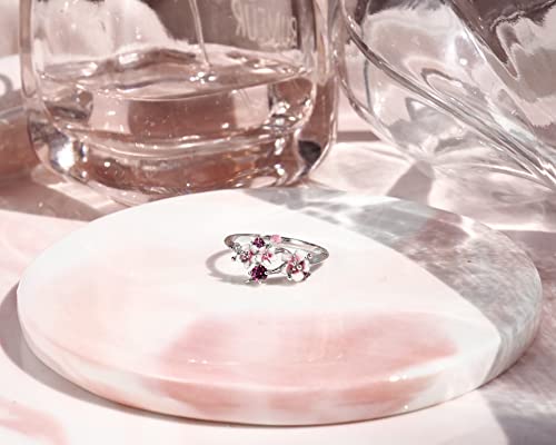 Anthia Jewelry 925 Sterling Silver Enamel Wild Flower Cubic Zirconia Statement Ring (Silver & Pink, 9)