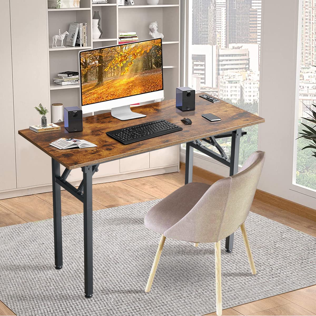 Frylr Industrial Computer Desk 43.3'', Home Office PC Desk with Power Outlet and USB Ports Charging Station, Study Workstation, Stable Metal Frame, Rustic Brown
