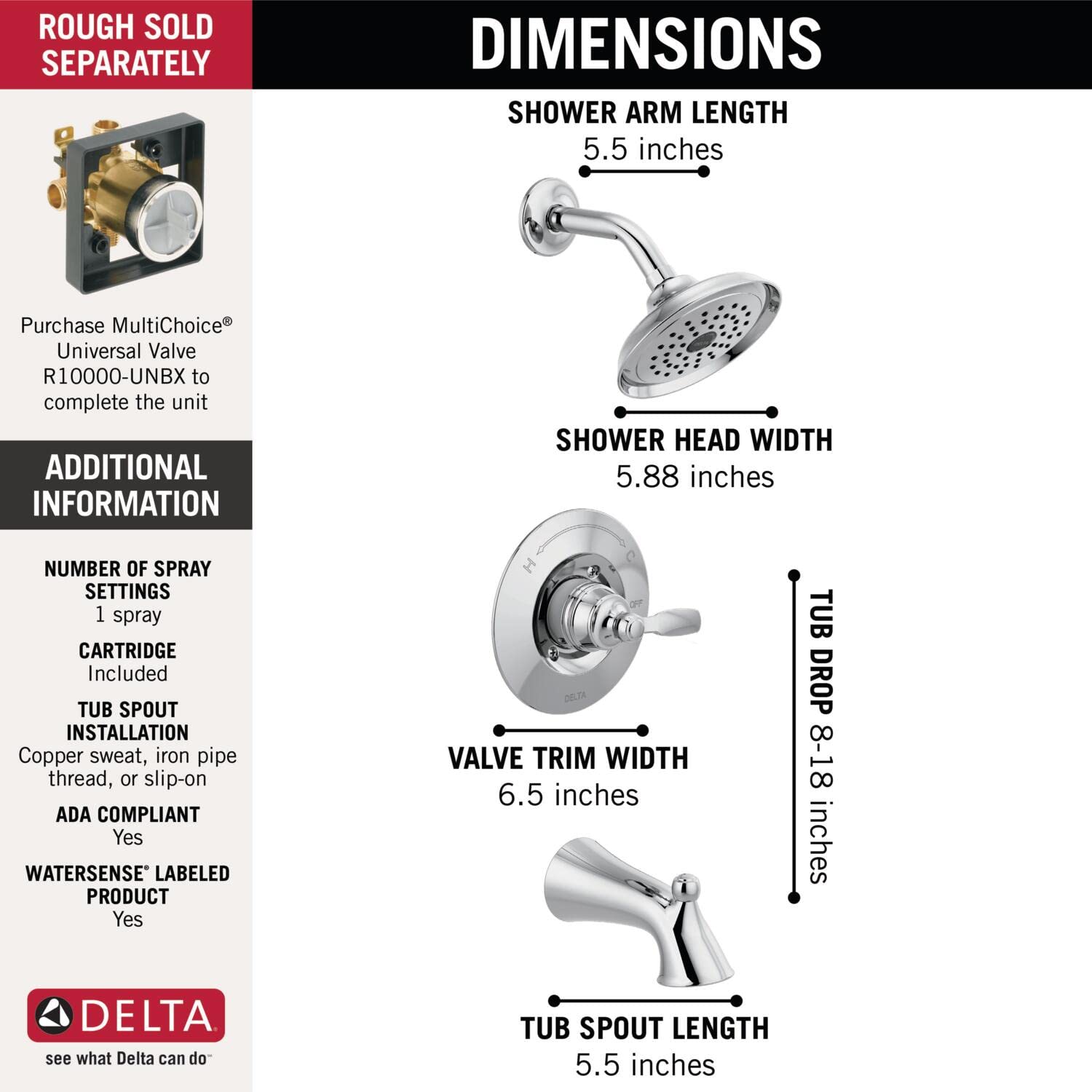 Delta Faucet Woodhurst 14 Series Single-Handle Chrome Tub and Shower Faucet, Shower Trim Kit with Single-Spray Chrome Shower Head, Shower System, Chrome T14432 (Valve Not Included), Without Rough
