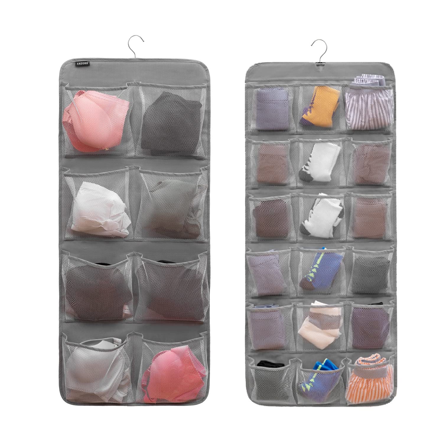 ANZORG Dual-Sided Hanging Closet Organizer for Socks Underwear Bra Kids Storage Organizer for Baby Clothes Toddler Shoes with 26 Pockets (Grey-Mesh Pockets)