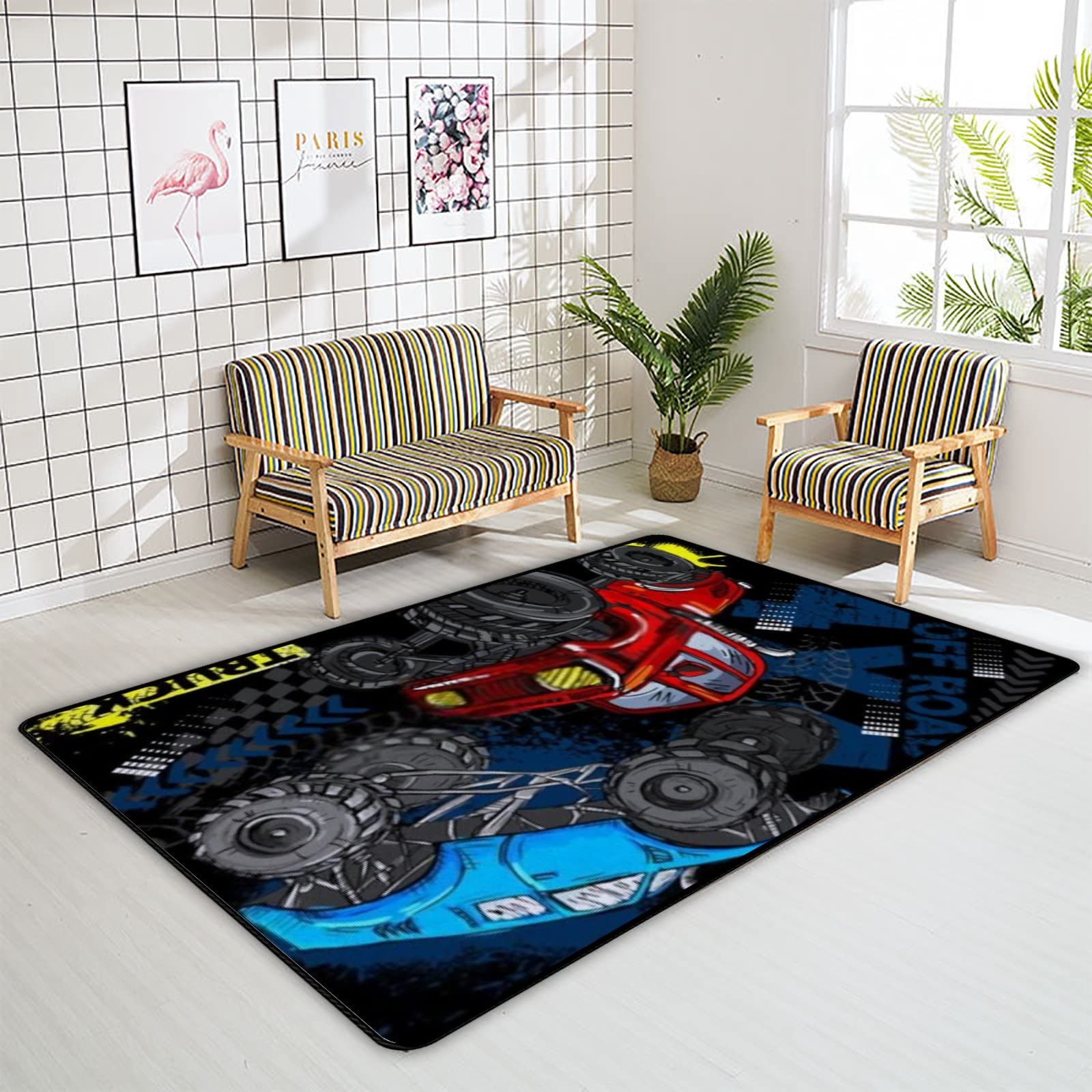 Kuizee Area Rug Blue Monster Truck Boy Rectangle Oversize Doormat Coral Fleece Living Room Parlour Bedroom Home Fashion Decor Carpet,5'x3'3"