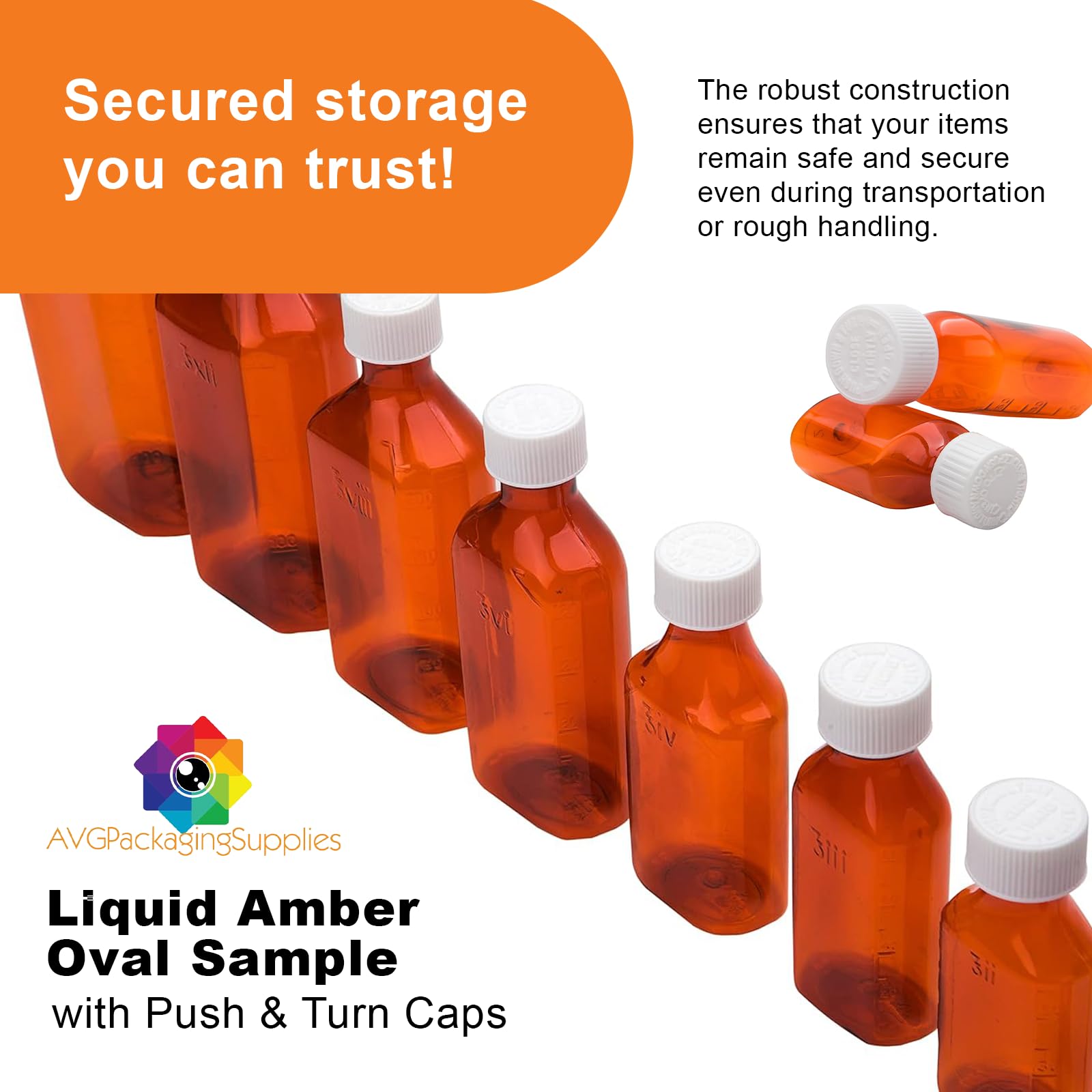 AVG Packaging Supplies Liquid Amber Oval Sample Bottles with Push & Turn Caps โ Child Resistant Pharmacy Prescription Medicine Containers, 1oz Vials (50ct)