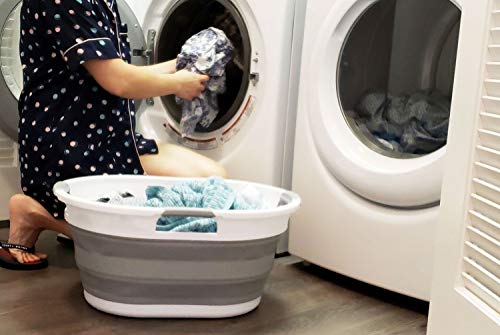 SAMMART 36L (9.5 Gallon) Collapsible 3 Handled Plastic Laundry Basket-Foldable Pop Up Storage Container-Portable Washing Tub-Space Saving Basket/Water Capacity 27L/7.1 Gallon (1, Grey)