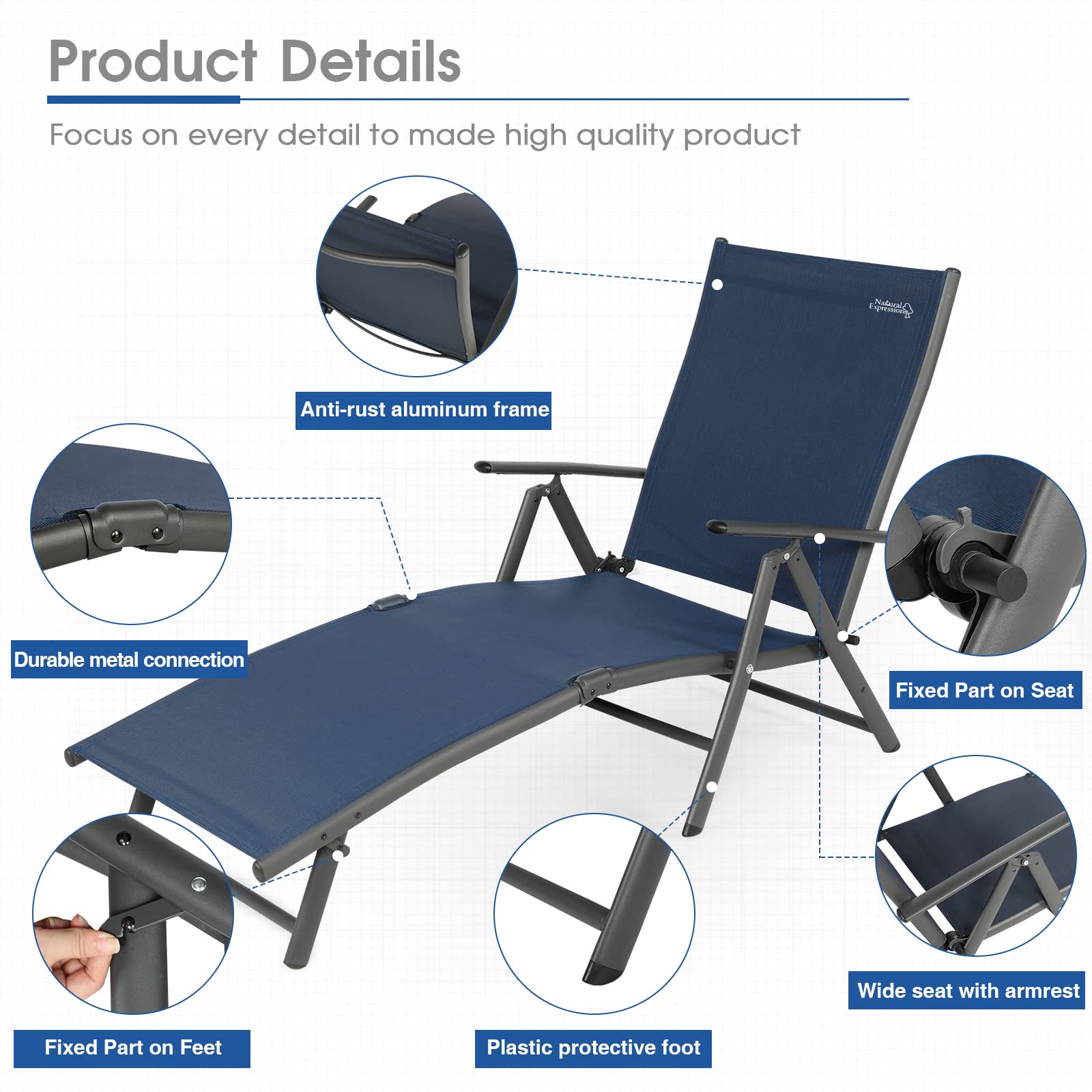NATURAL EXPRESSIONS Chaise Lounge Outdoor, Aluminum Pool Lounger Chairs Portable Folding Patio Recliner Chair with 7 Position Adjustable Backrest for Beach, Backyard, Poolside,Lawn Supports 300 lbs