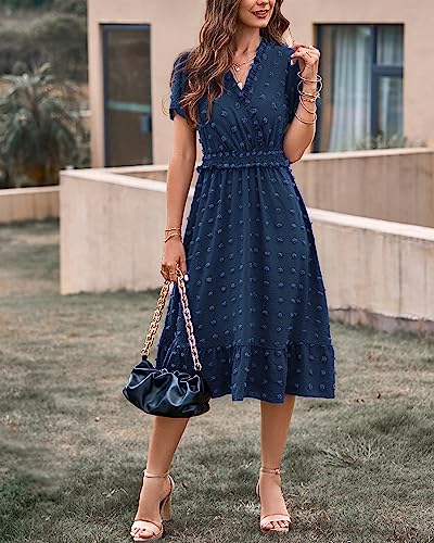 BTFBM Women's Summer Elegant Short Sleeve V Neck Swiss Dot Midi Dresses Cute Boho High Waist Long Dresses A-Line Ruffle Dress(Solid Navy,Large