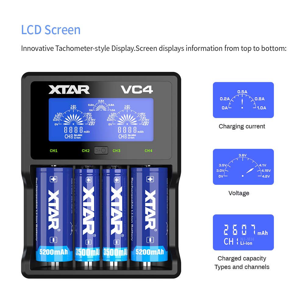 XTAR Battery Charger XTAR VC4 Universal Battery Charger LCD Display Battery Charger 18650 4 Slots