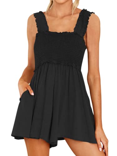 DEEP SELF Romper for Women, Wide Leg Summer One-Piece Shorts Jumpsuit with Straps and Pockets (Large, 1-Black)